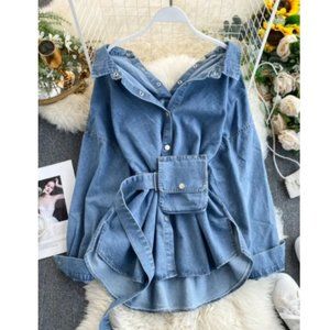 SMYTNN Boutique | Tops | Nwt Blue Medium Wash Denim Long Sleeves Belted ...